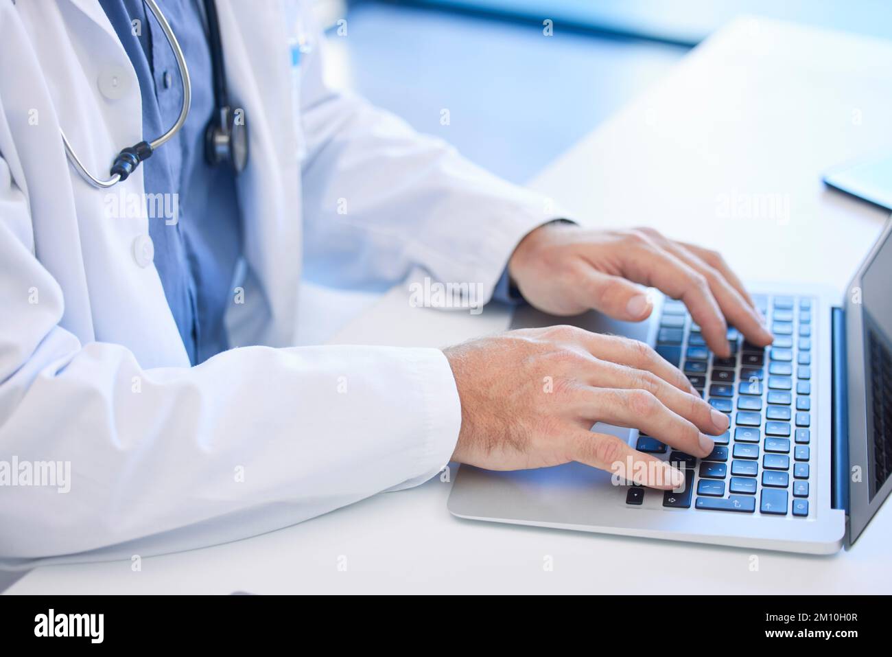 Doctor, laptop and hand typing email or prescription online for medical ...