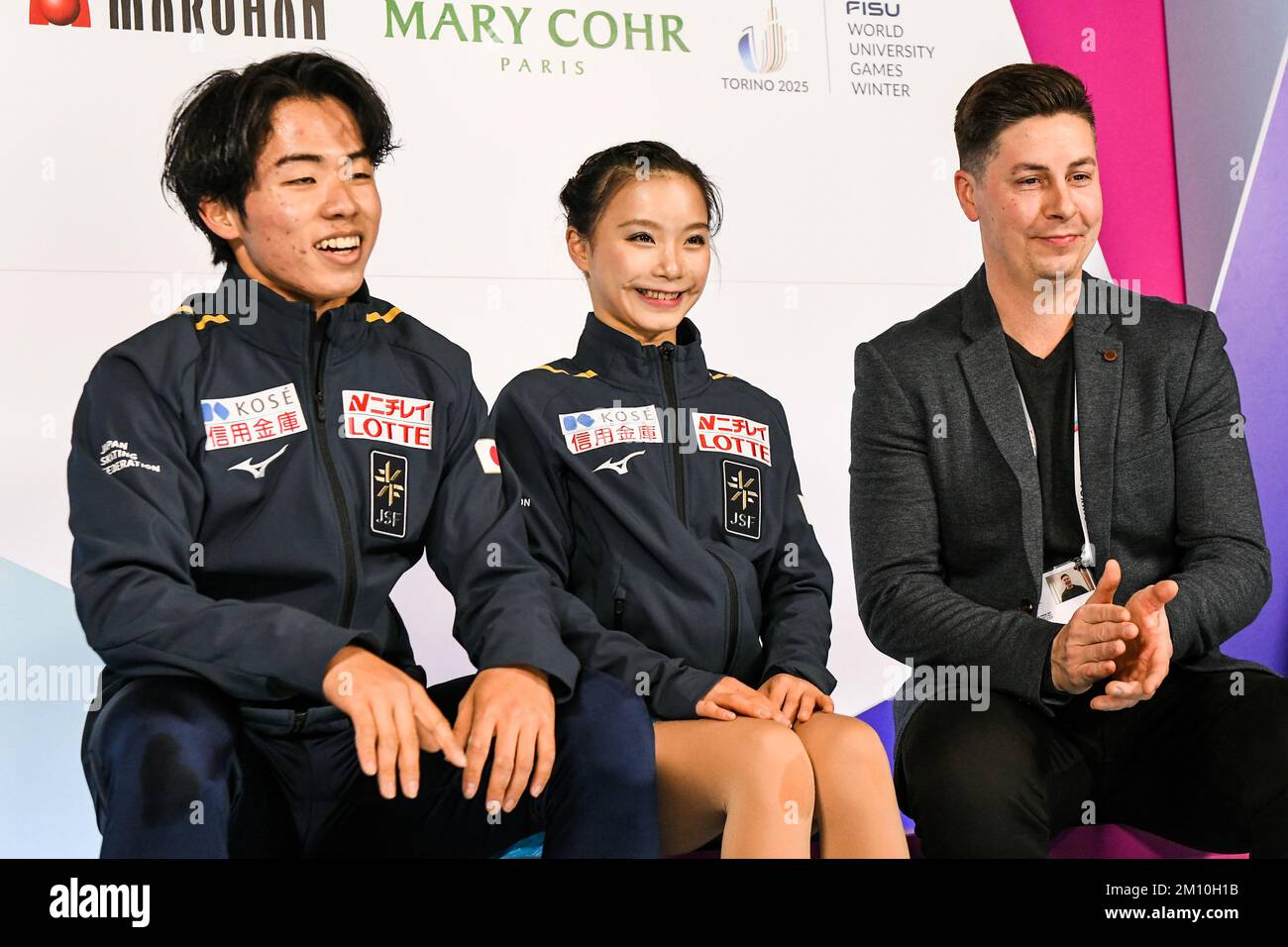 Haruna MURAKAMI & Sumitada MORIGUCHI (JPN), at Kiss & Cry, during Junior Pairs Short Program, at ...