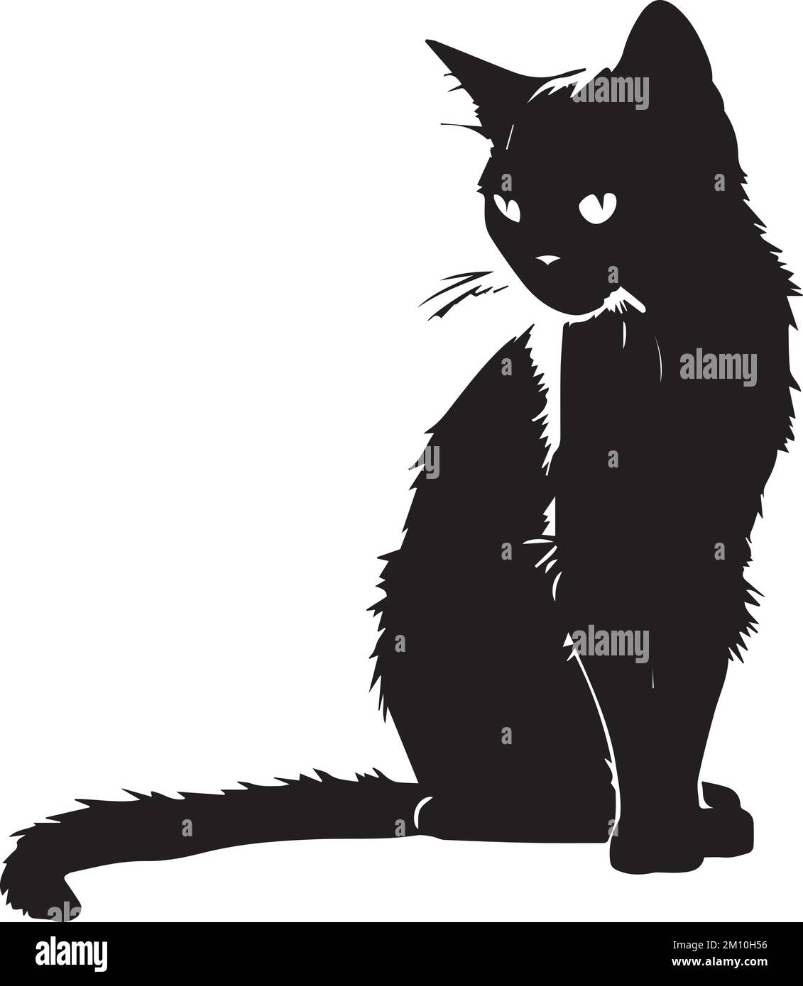 A domestic cat sitting calmly, tail relaxed and curled off to the side ...