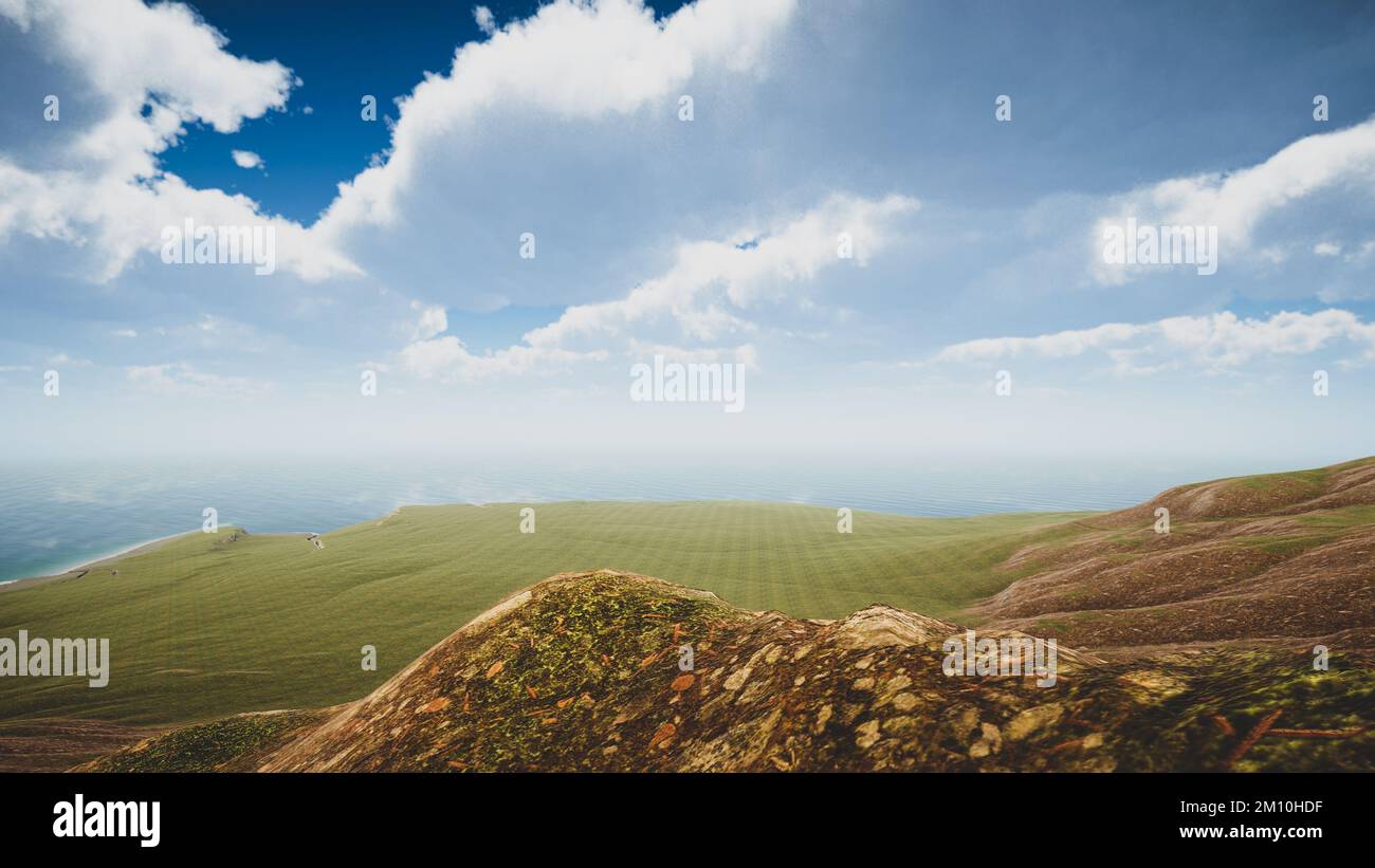 3D rendering. Natural environment of a green island with no trees ...