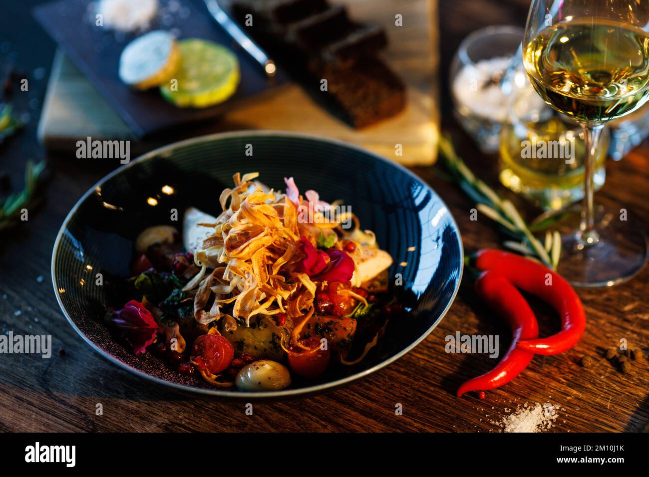Warm salad with chicken. Almond potato, mini romaine lettuce, carrot ...