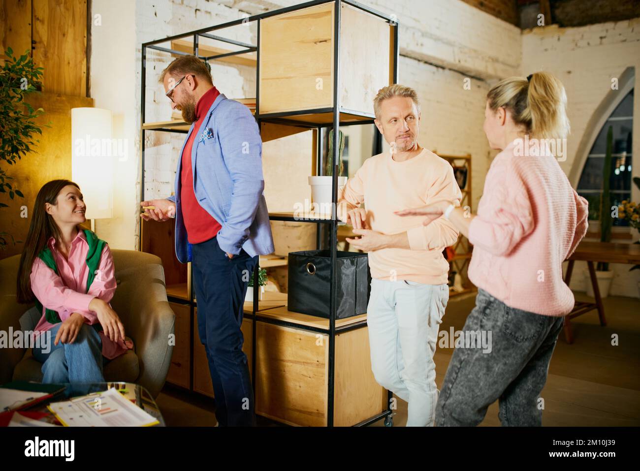 Employees, colleagues having business break, discussion at the office ...