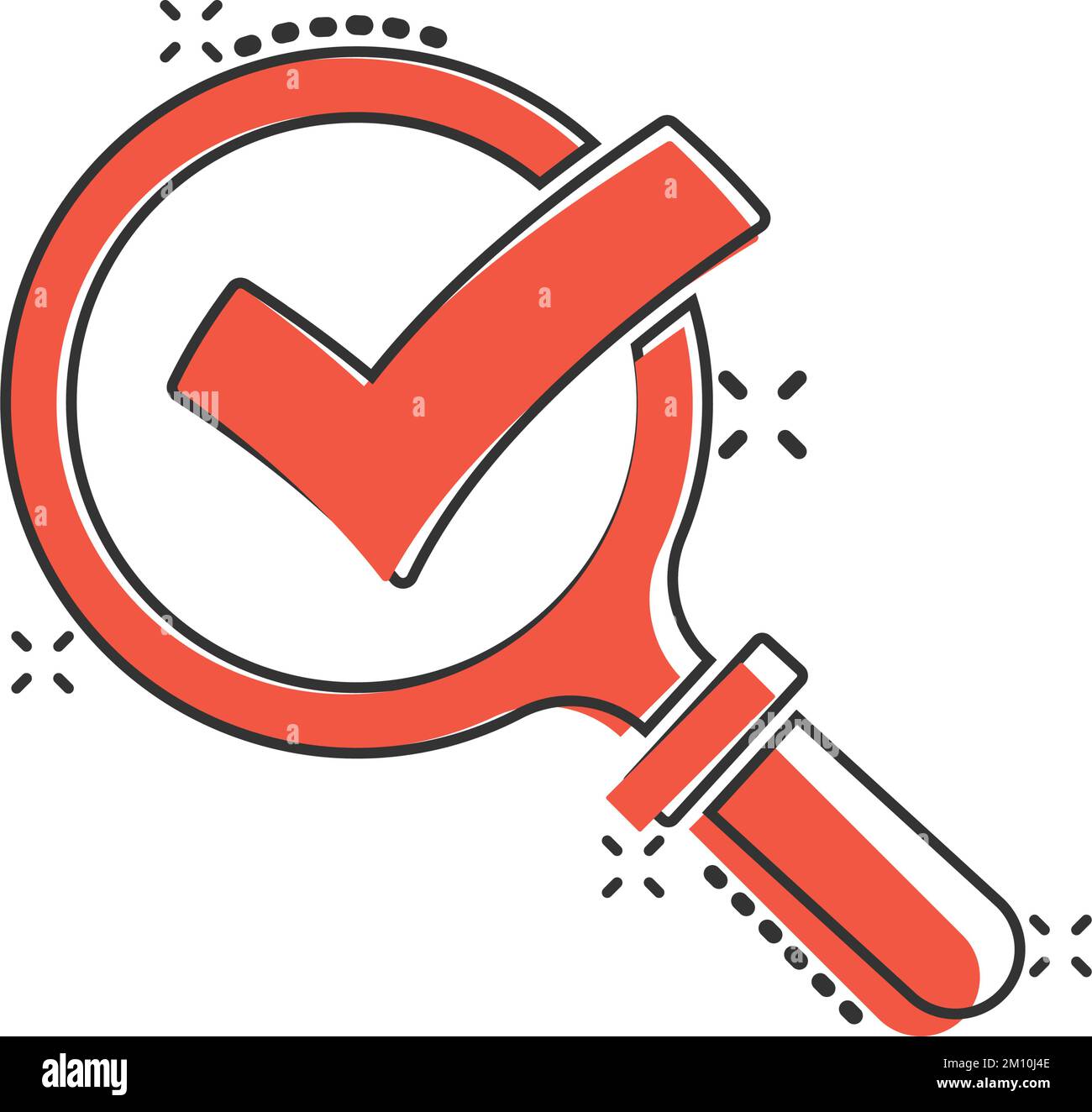 Check mark with magnifying glass icon in comic style. Loupe accept ...