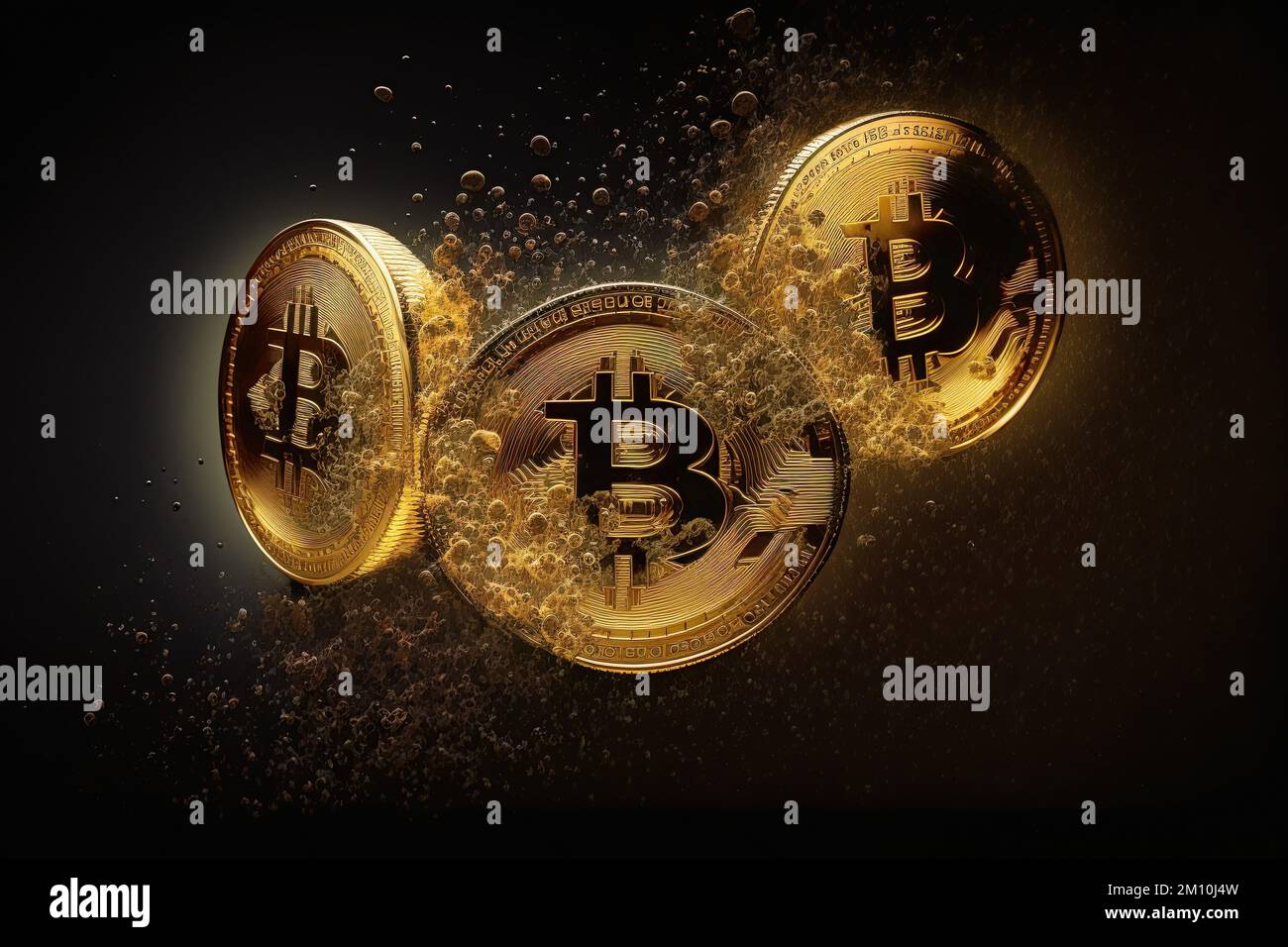 Three golden Bitcoin coins floating in the air. Isolated against a ...