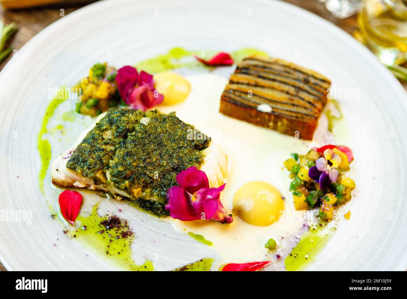 Pike-perch fillet. Potato gratin, warm yellow beet-turkey bean salad ...