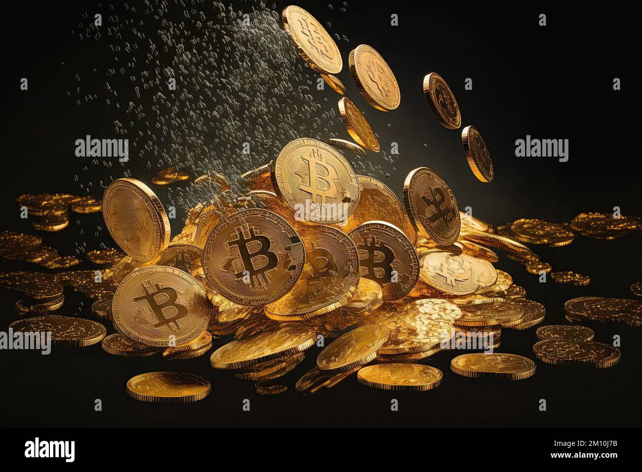 Shimmering Bitcoin coins hovering in the sky, isolated in a BLACK ...