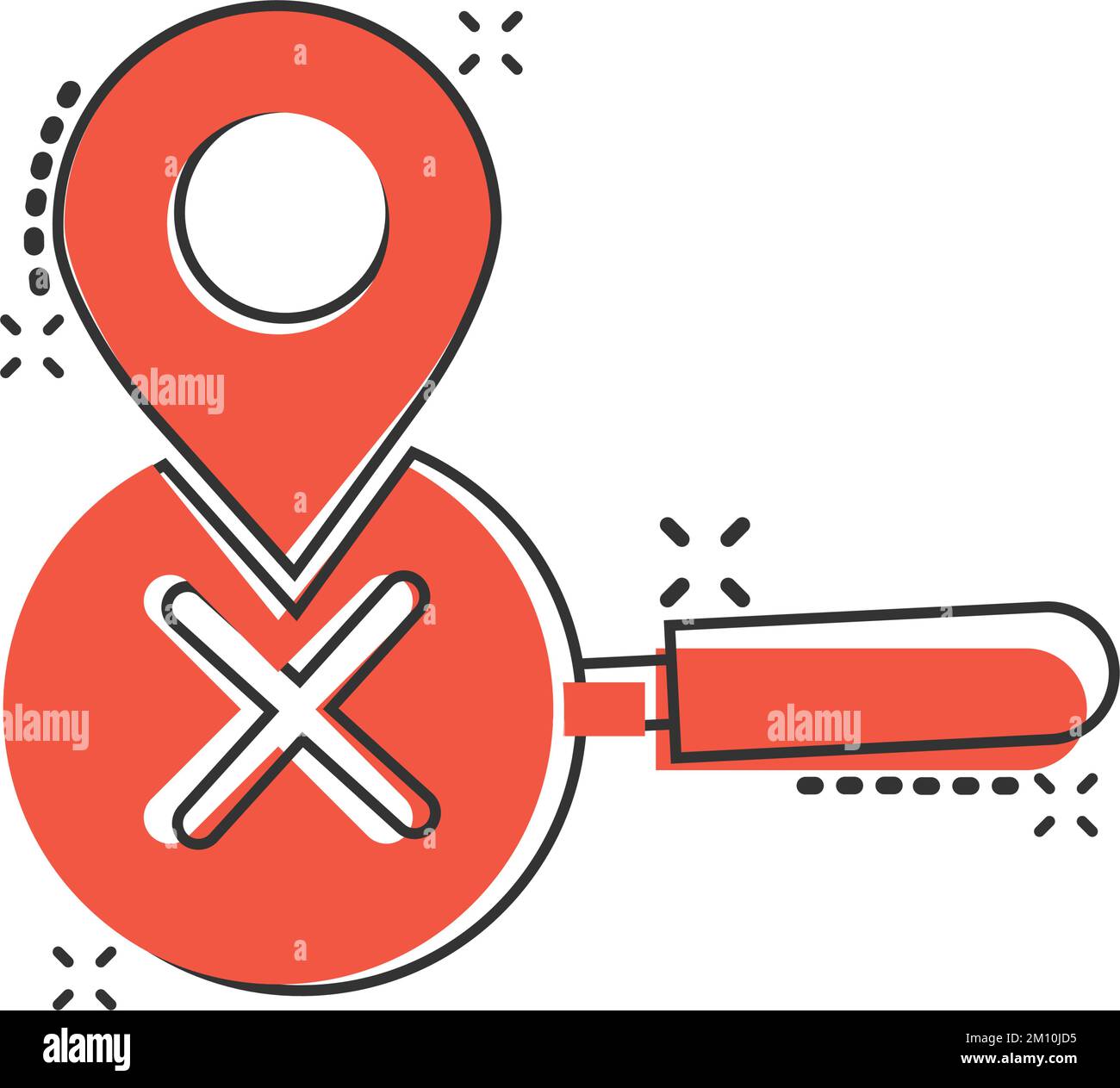 Map pin with magnifier icon in comic style. Gps navigation cartoon ...