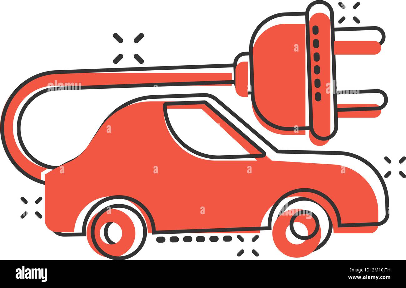 Electric car icon in comic style. Electro auto cartoon vector ...