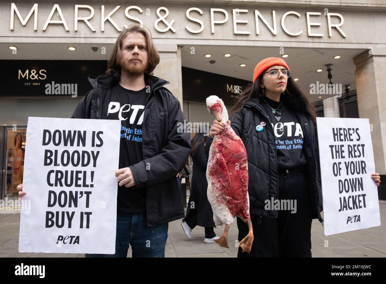 London, UK. 9 December, 2022. PETA supporters holding a model of a dead ...