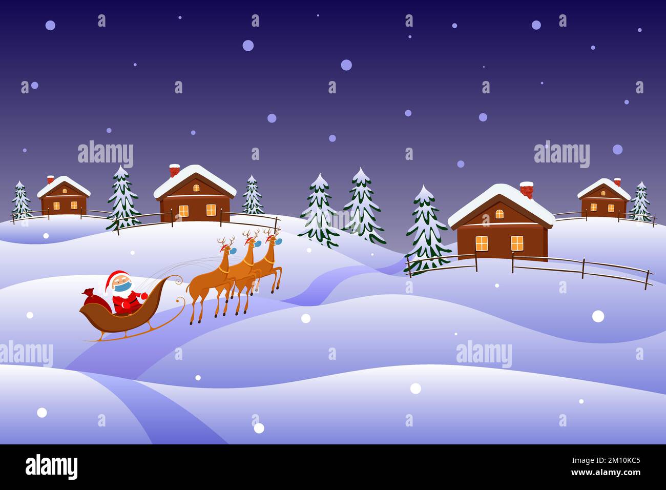 Santa Claus in face riding on reindeer sledge. Christmas 2021. Vector ...