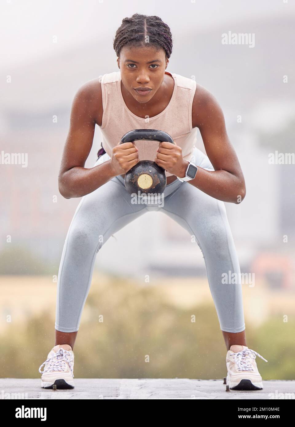 Fitness, squat and black woman with weight in the city, exercise energy ...