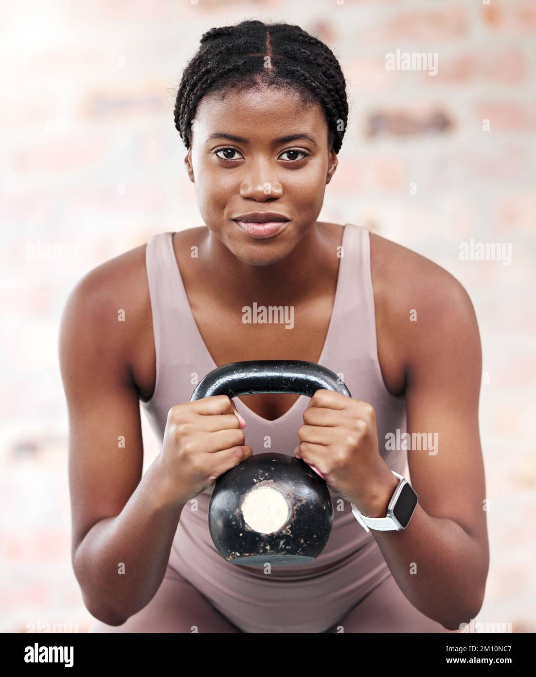 Exercise, workout and black woman with kettle ball for strength, health ...