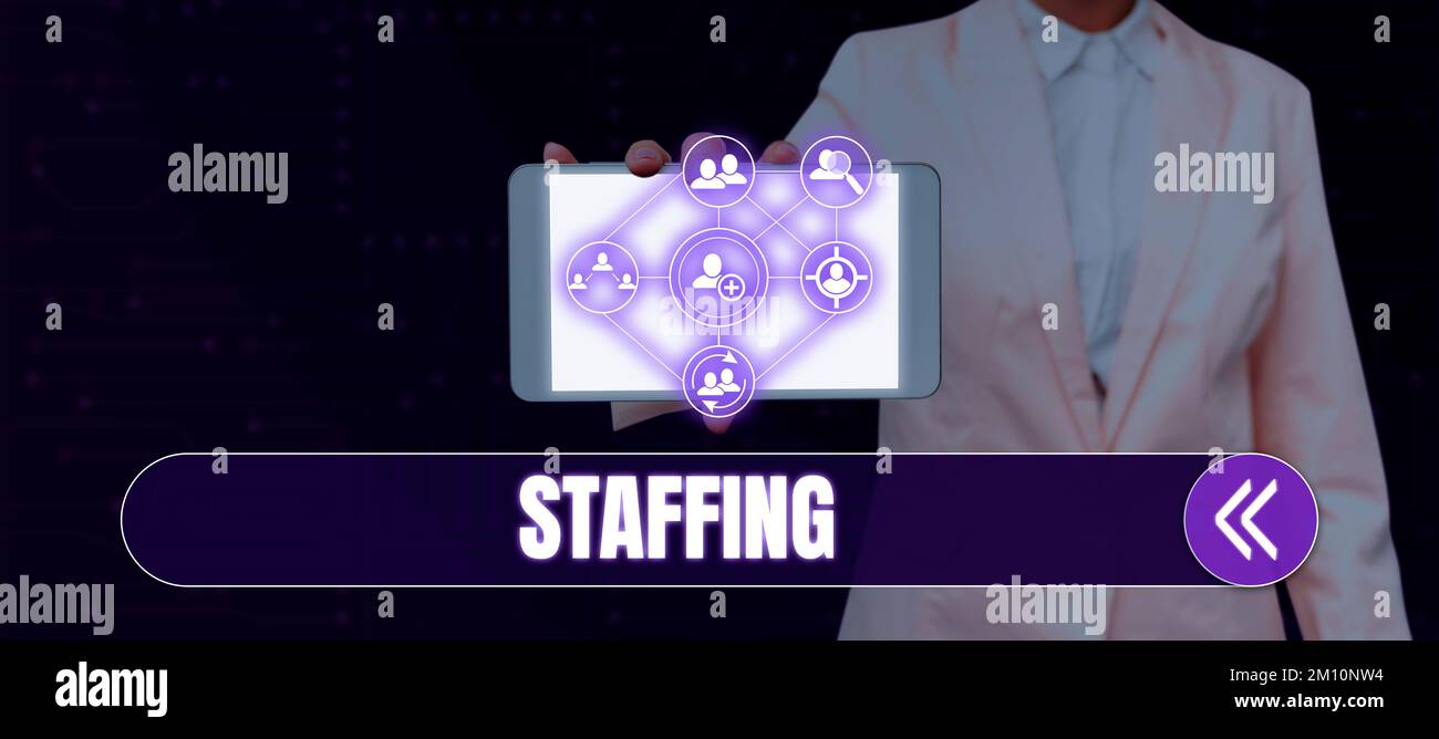 Text caption presenting Staffing. Conceptual photo The percentage of workers that replaced by ...