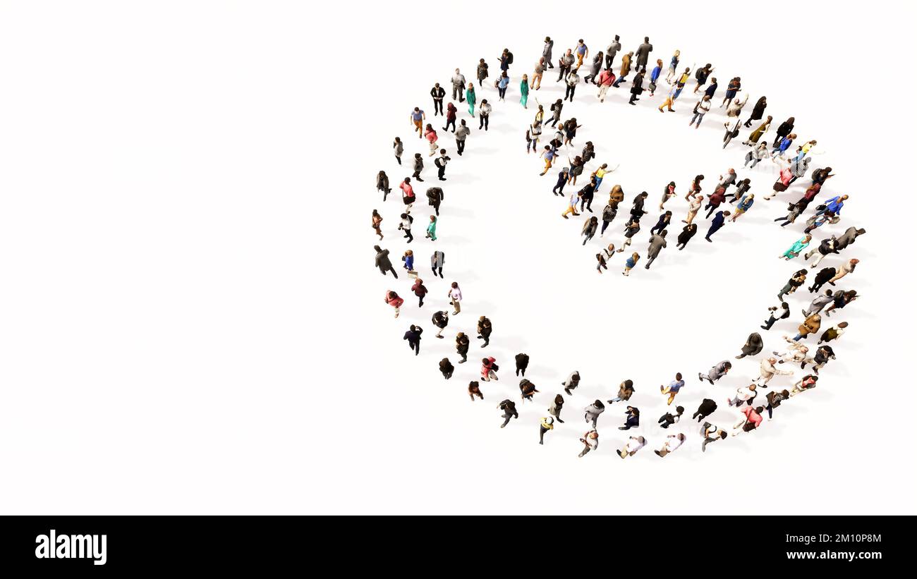 Concept conceptual large community of people forming the clock icon. 3d ...