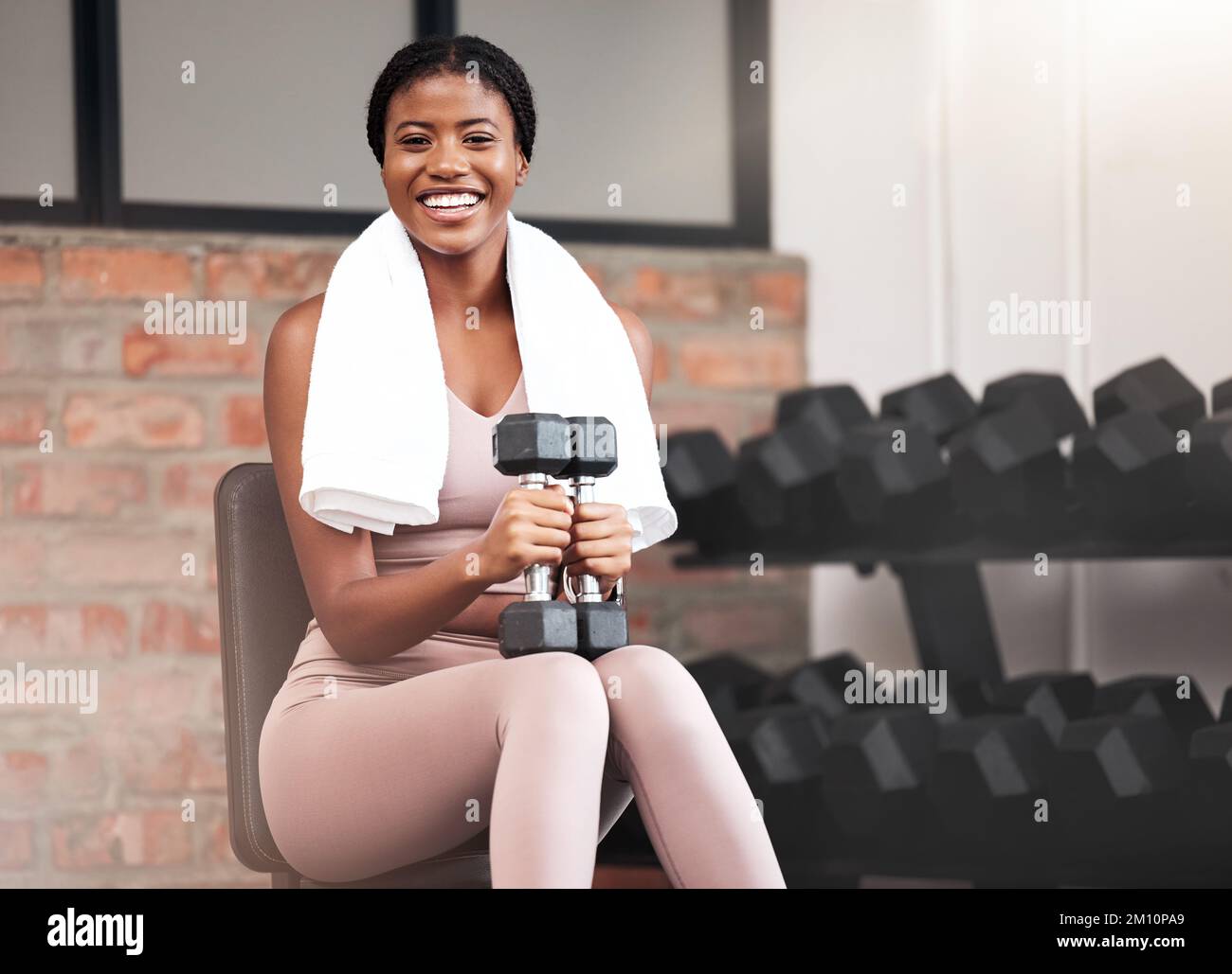 Weights, woman and portrait in the gym for fitness, bodybuilding and ...