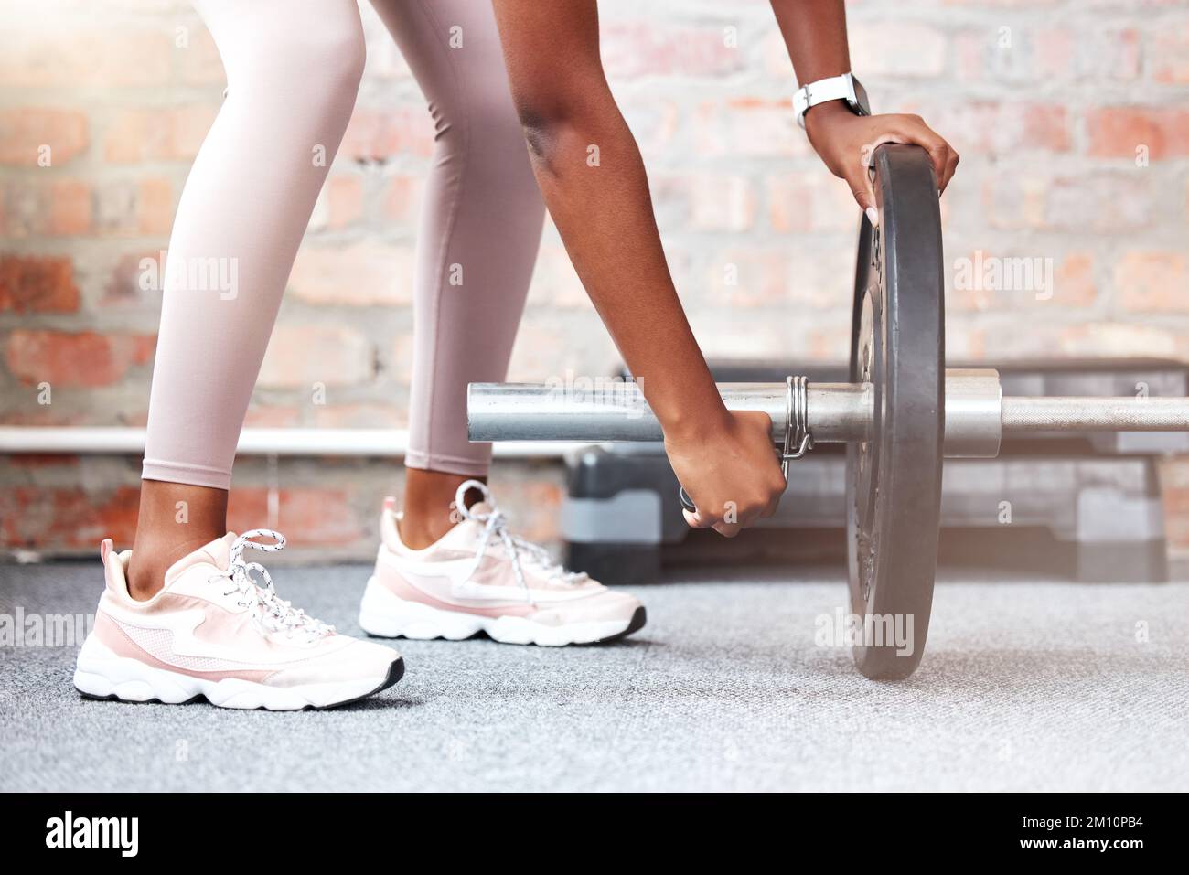 Weight fix, woman and fitness hands with workout shoes doing ...