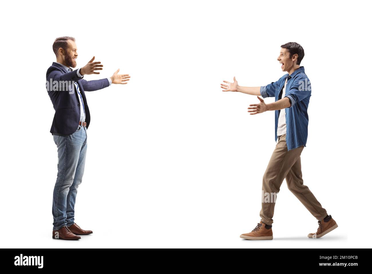 Two male friends meeting each other isolated on white background Stock ...