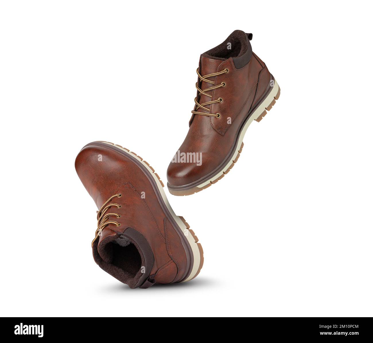Brown leather boots, Men’s brown ankle boots. One shoe in flight ...