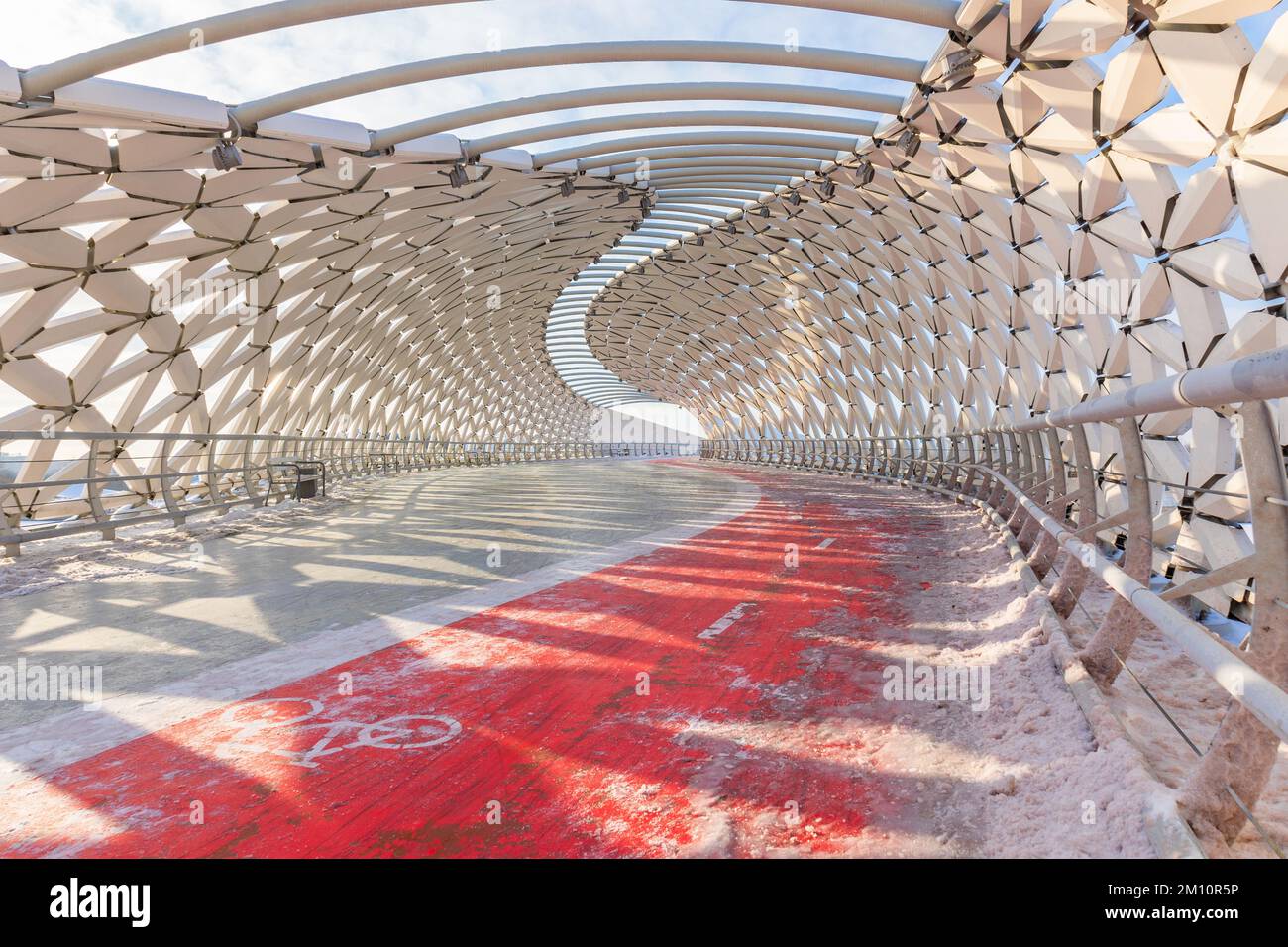 Modern architectural urbanistic Atyrau fish bridge across Ishim river ...
