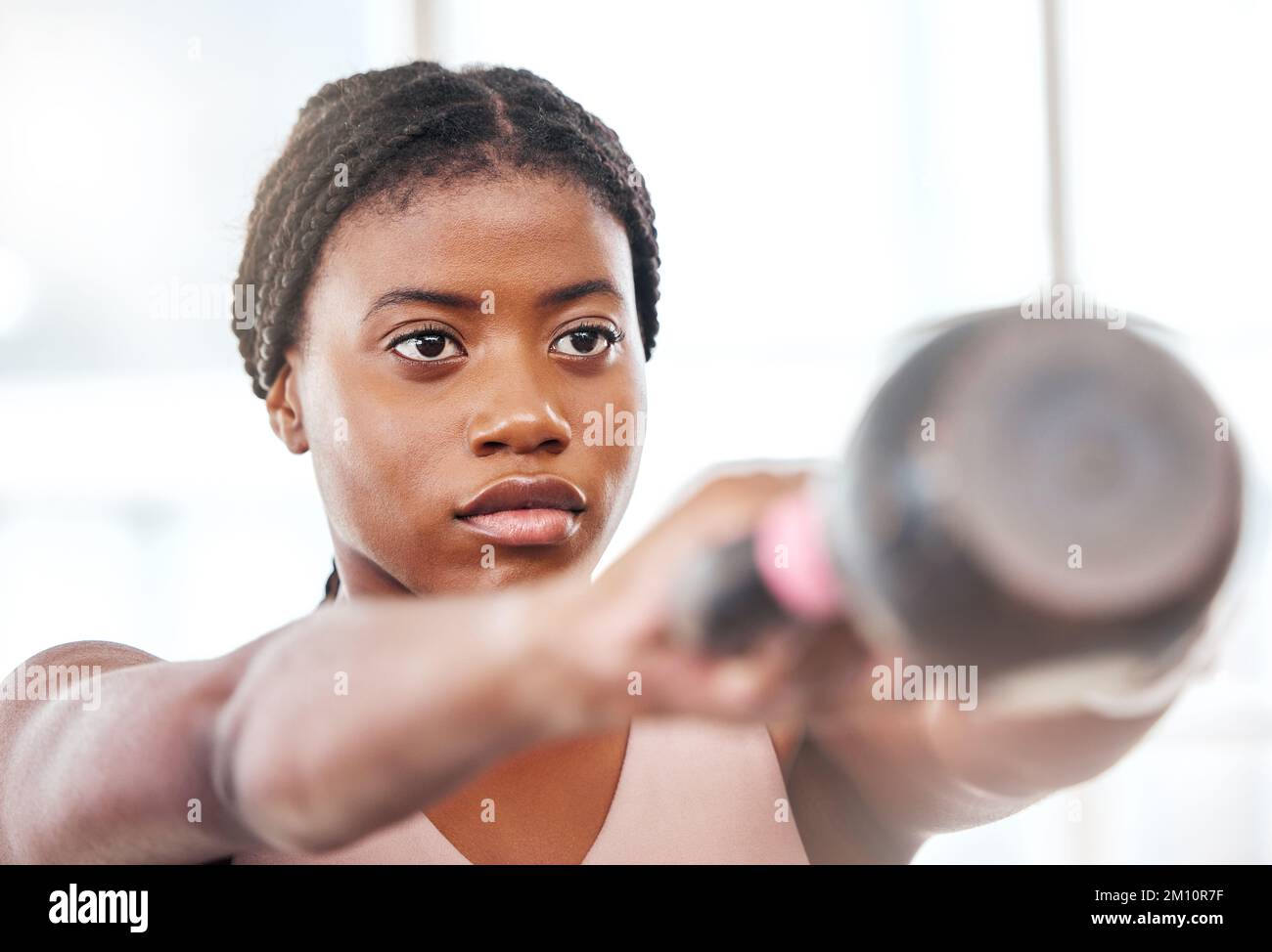 Fitness, kettlebell and black woman doing an exercise with a weight ...