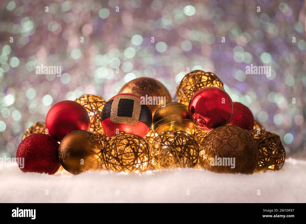 Christmas decorations, red and gold baubles, rattan balls lights ...