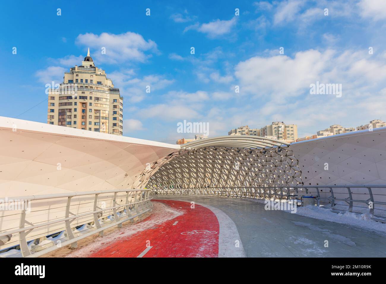 Modern architectural urbanistic Atyrau fish bridge across Ishim river ...