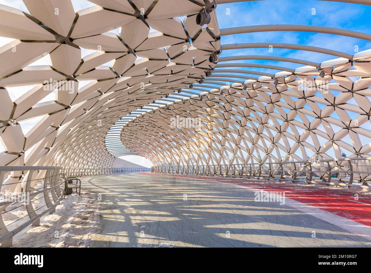 Modern architectural urbanistic Atyrau fish bridge across Ishim river ...