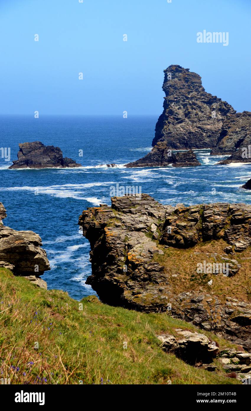 Saddle Rocks, Long Island and Trambley Cove from South West Coastal Path near Rocky Valley ...