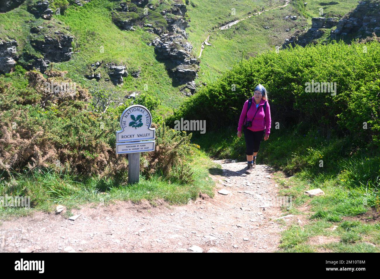 Woman Climbing Steps from Wooden Foot Bridge over the River Trevillett ...