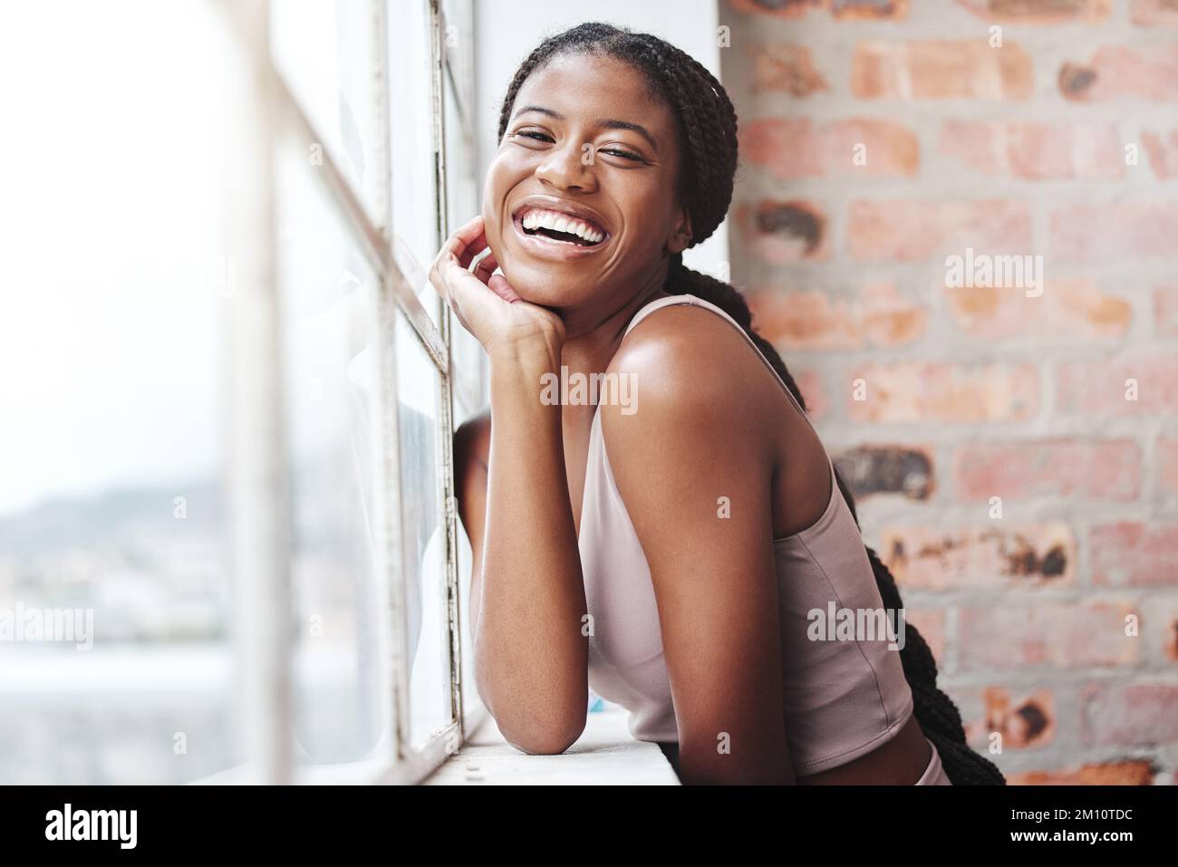 Fitness, black woman and happy laughing by window in gym for training ...