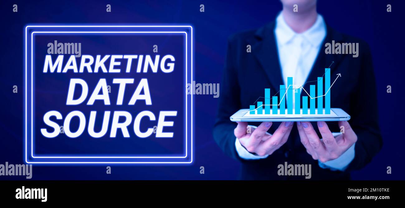 Hand writing sign Marketing Data Source. Business overview connection set up to a database from ...