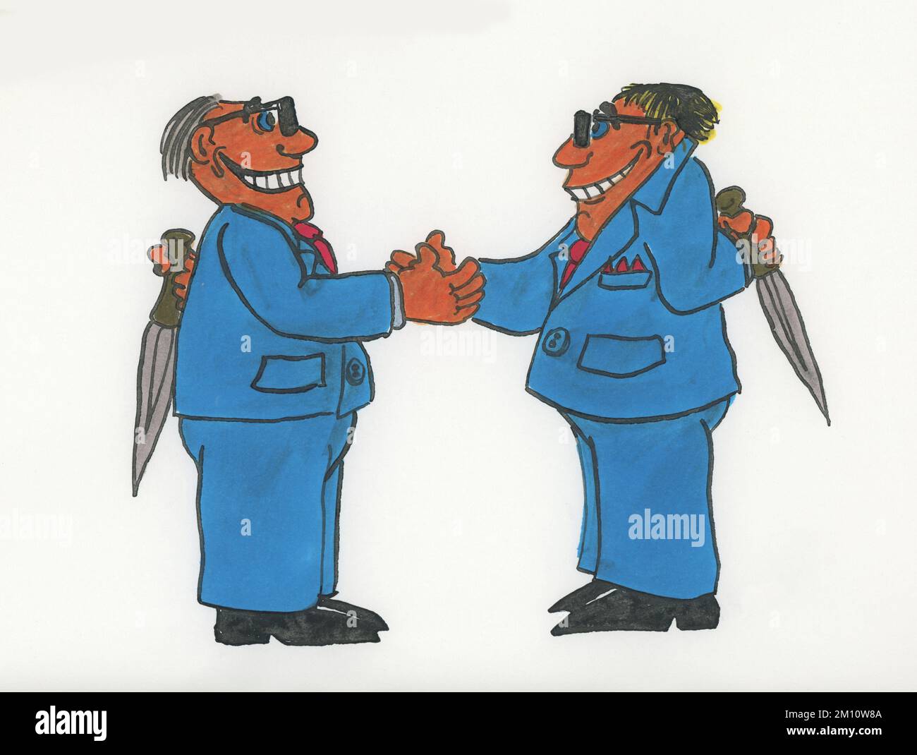 Two men smile and greet each other. Both have their daggers ready to ...