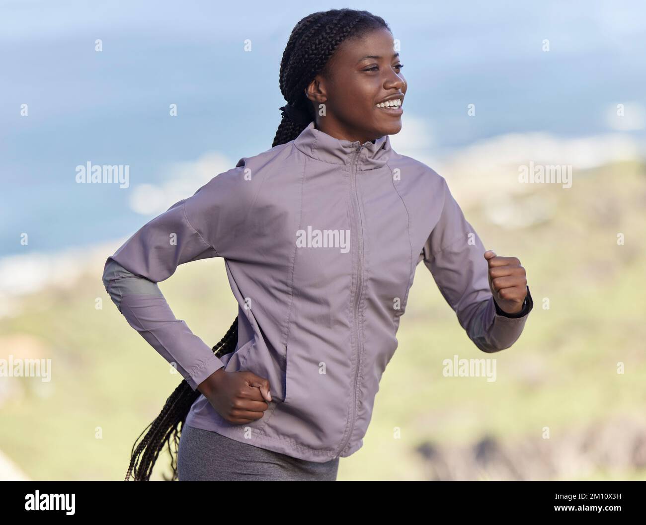 Running, fitness and training with black woman in nature for hiking ...
