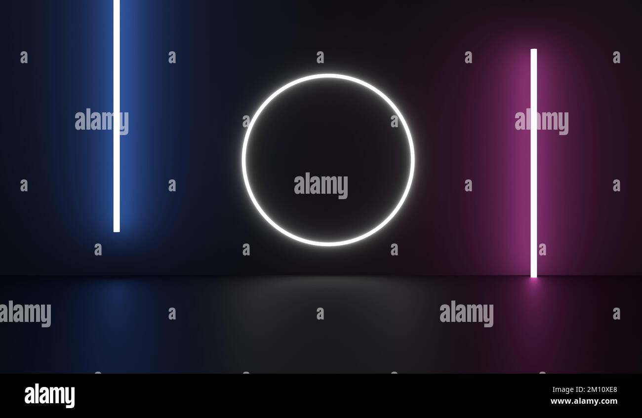 Empty sci fi room with white circle and blue purple neon tube glowing ...