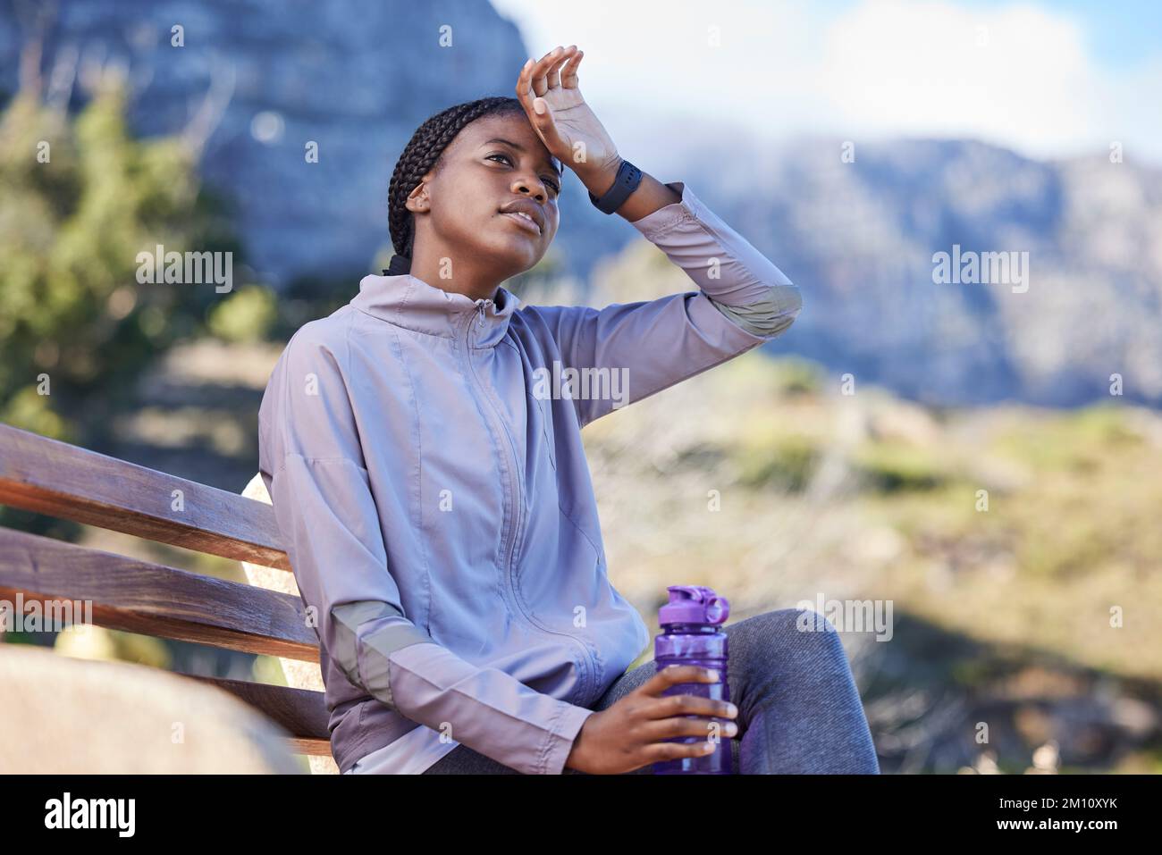 Fitness, running and tired black woman on bench sweating from exercise ...