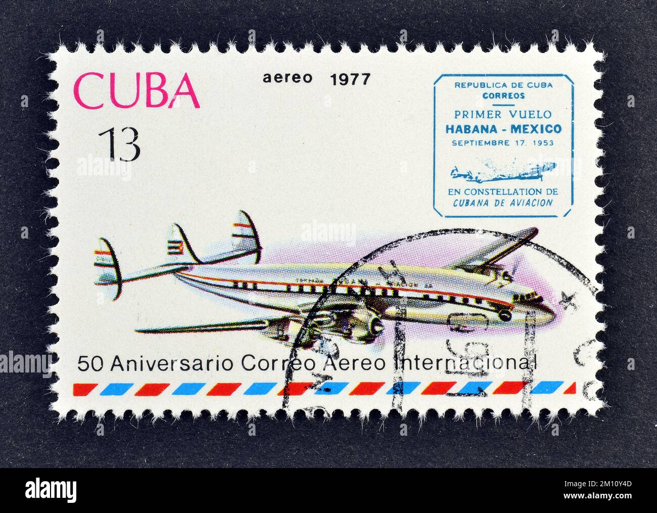 Cancelled postage stamp printed by Cuba, that shows Airplane, Lockheed ...