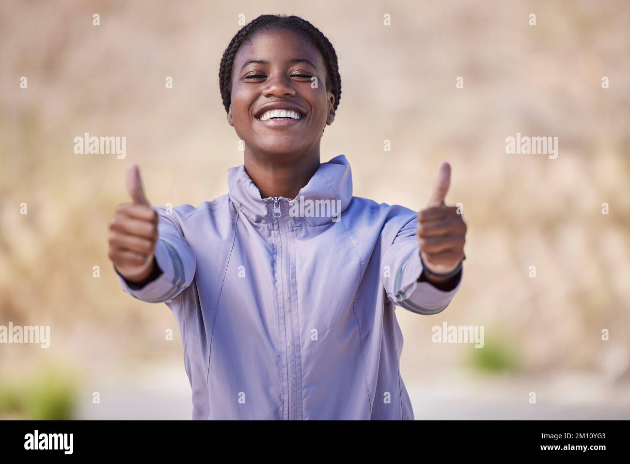 Thumbs up, black woman and success, winner and sports workout ...