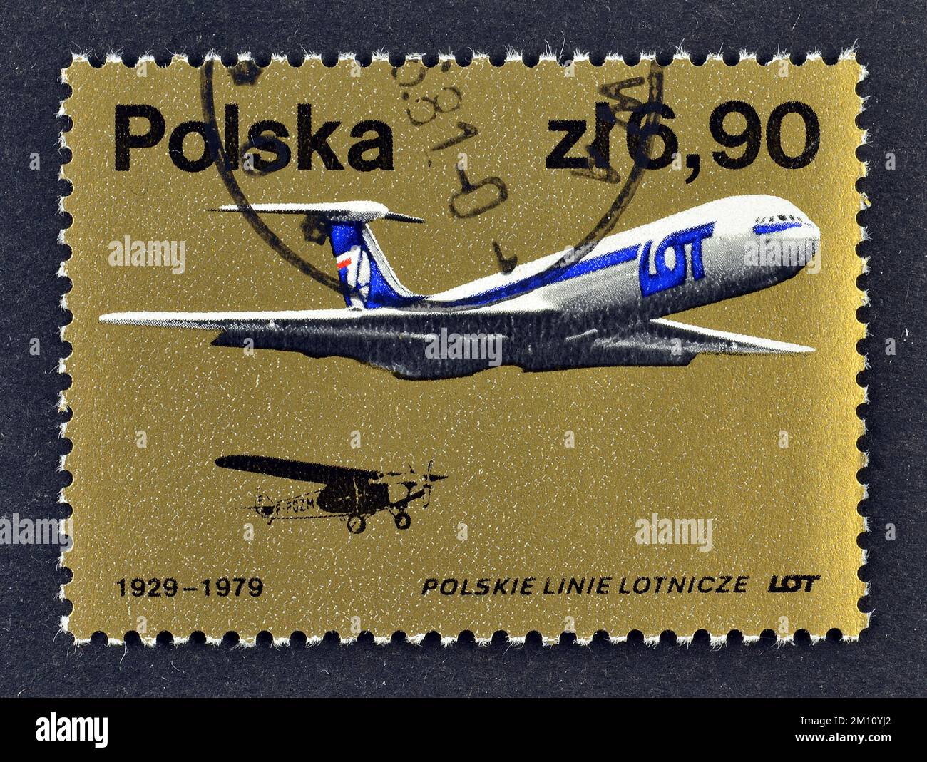 Cancelled postage stamp printed by Poland, that shows "IL-62" Jet Plane ...