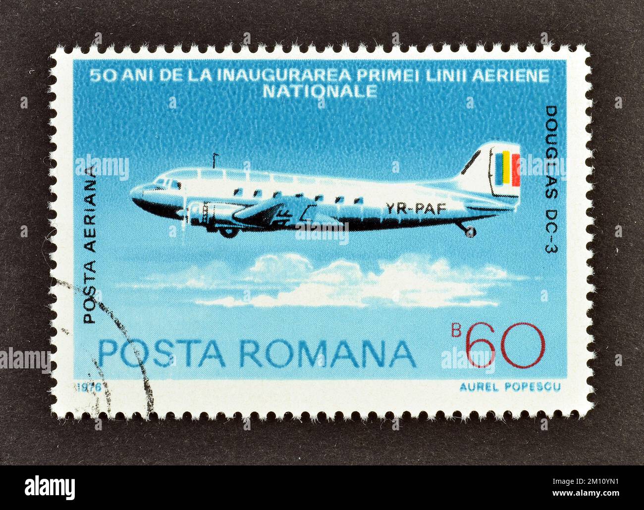 Cancelled postage stamp printed by Romania, that shows Douglas DC-3 ...