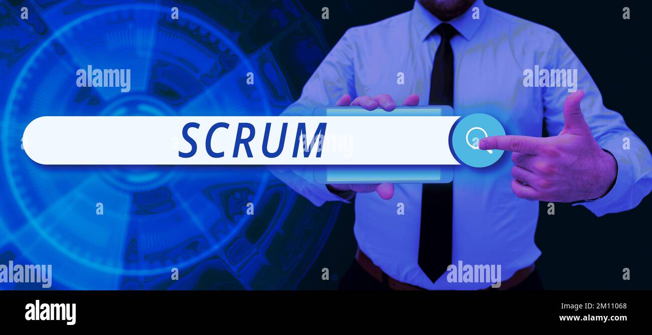 Text caption presenting Scrum. Business overview handwriting as distinct from print written ...