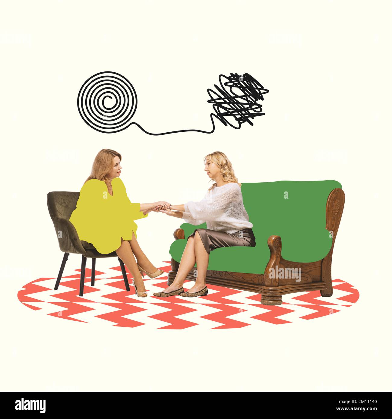 Contemporary art collage. Psychologist helping woman to solve mental ...