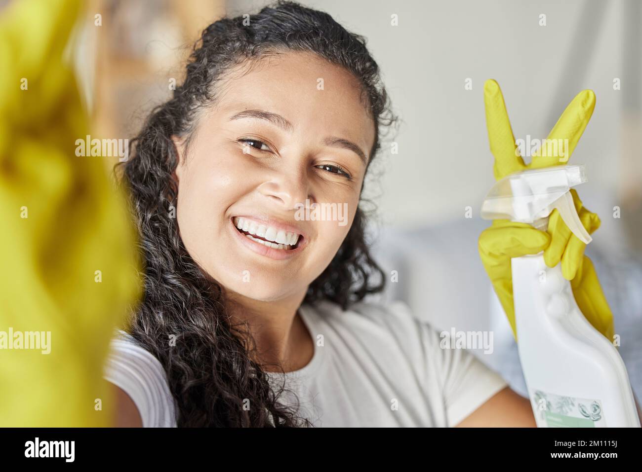 Happy, cleaning or woman taking a selfie with peace hand gesture with ...