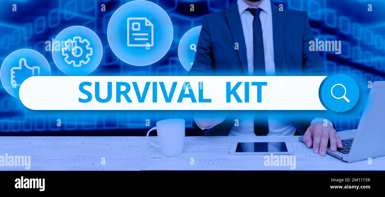 Text sign showing Survival Kit. Word for Emergency Equipment Collection ...