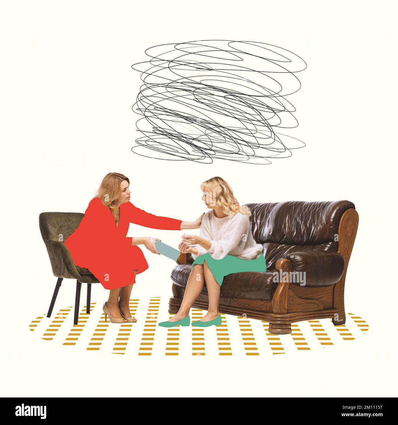 Contemporary art collage. Tangled thoughts. Woman attending ...