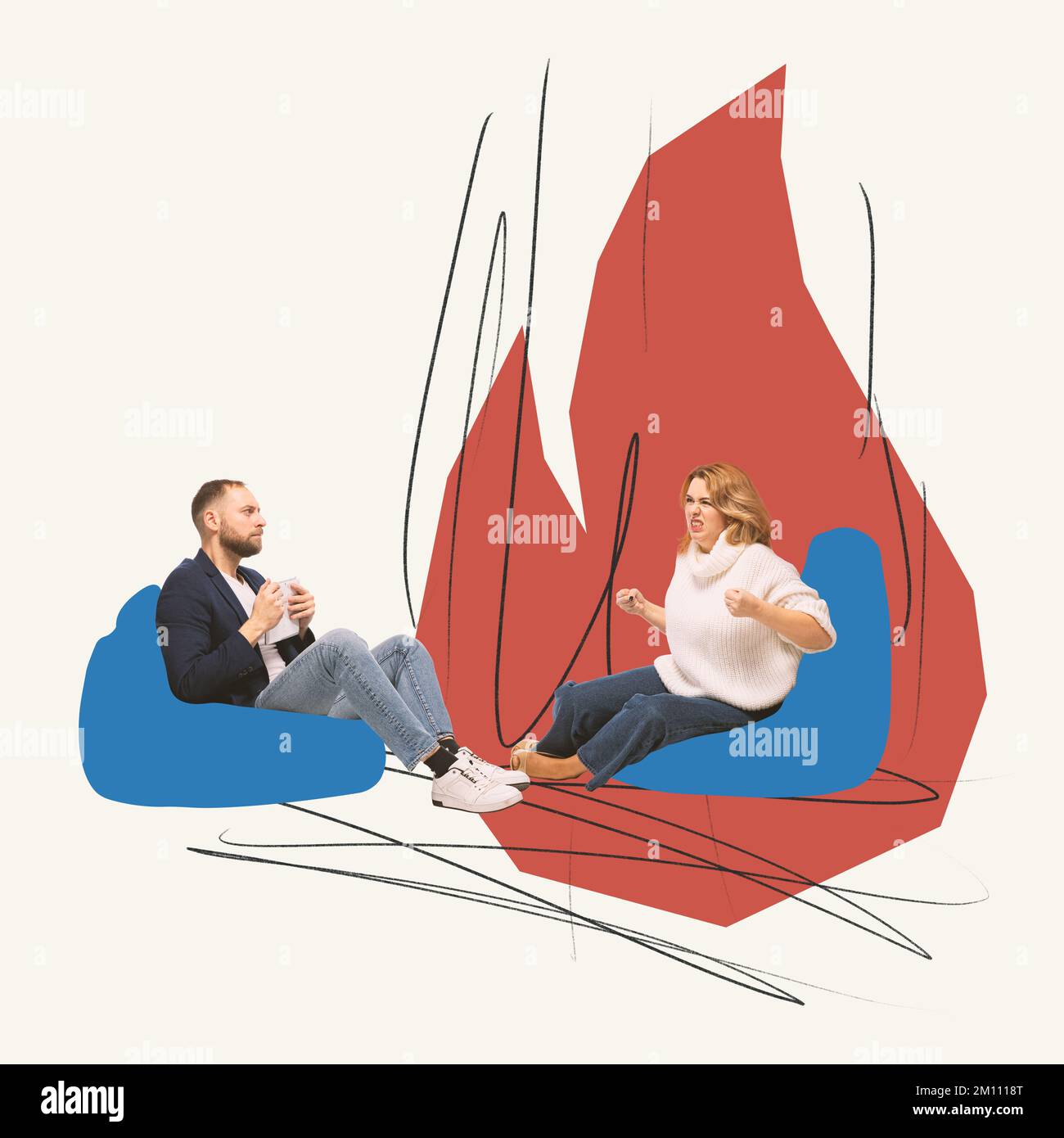 Contemporary art collage. Woman, suffering from uncontrollable anger ...