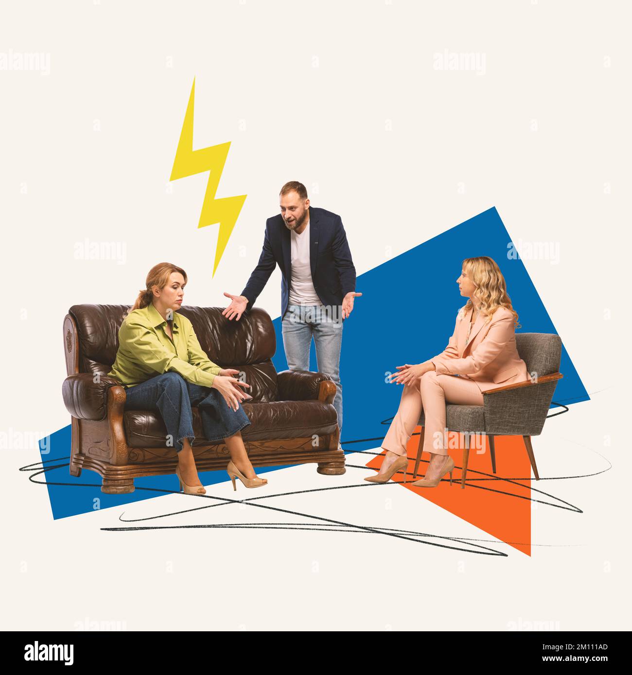 Contemporary art collage. Family quarrels. Couple attending ...