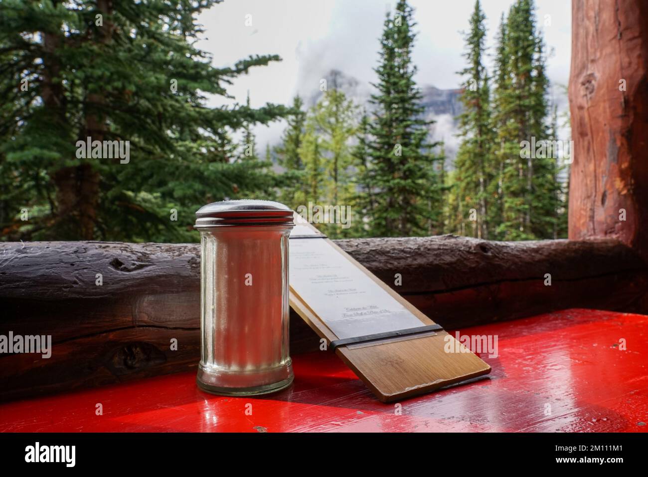 A shot of a restaurant table with a sugar container and a menu, in ...