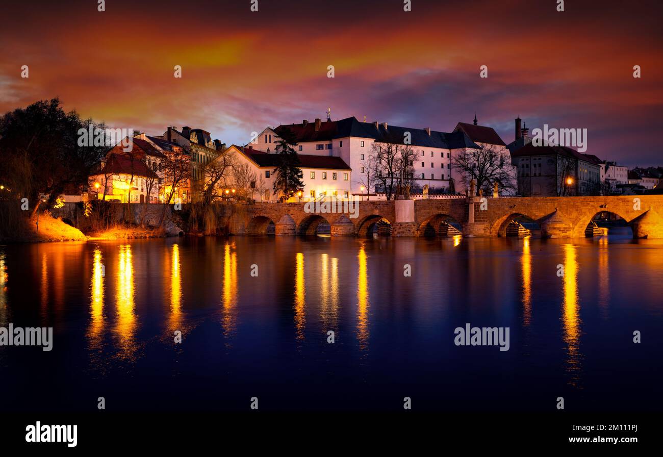 Stony bridge in city of Pisek on the Otava river. Czechia. Night over ...
