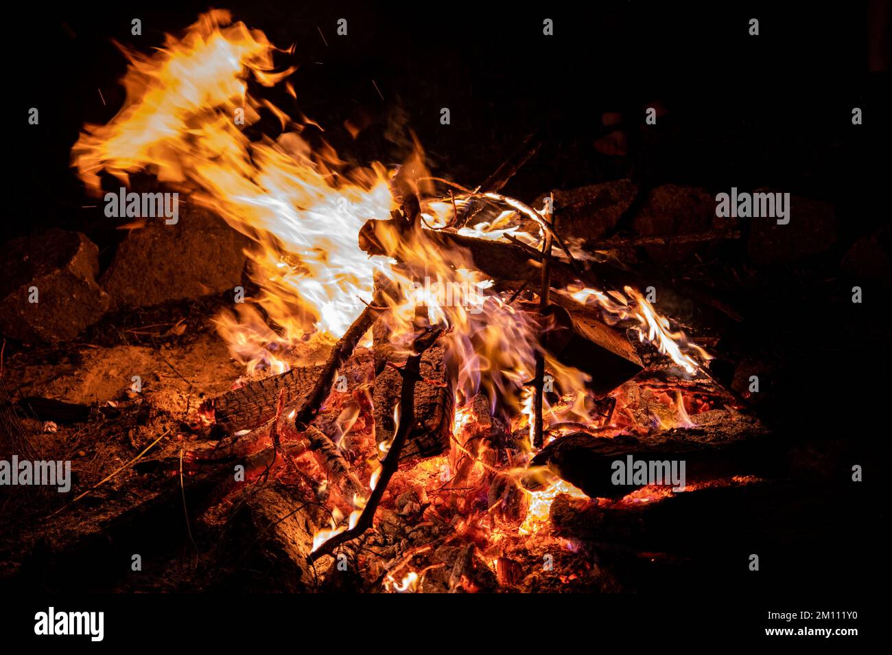 flame and sparks details of the bonfire in the countryside Stock Photo ...