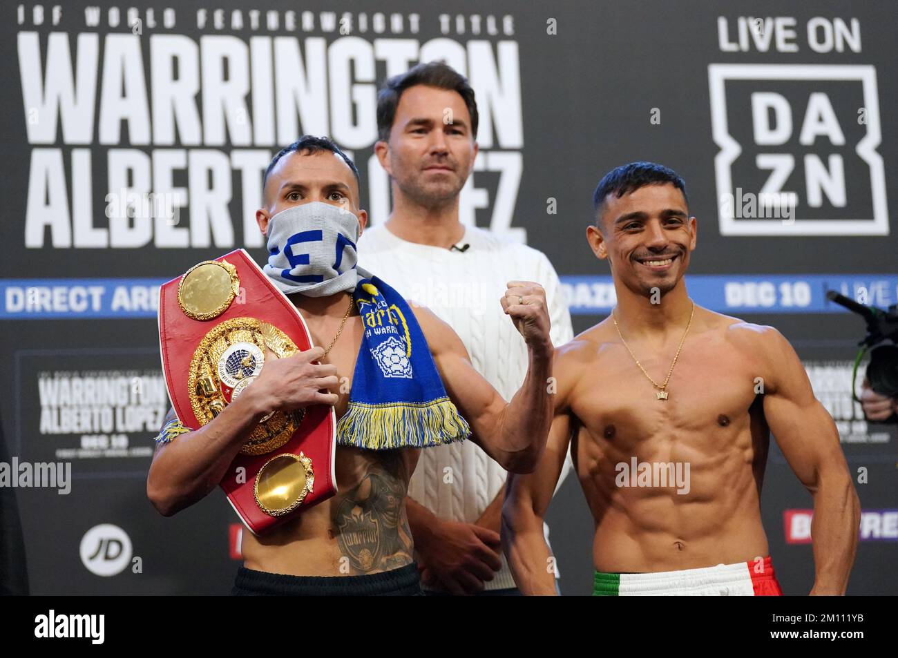 Josh Warrington and Luis Alberto Lopez during the weigh in at Aspire ...